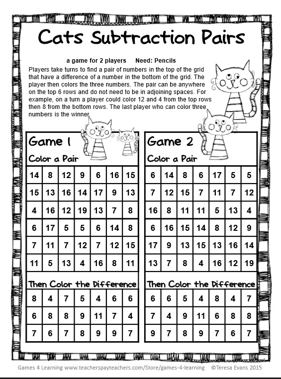 Cats Subtraction Pairs - SchoolhouseTeachers.com
