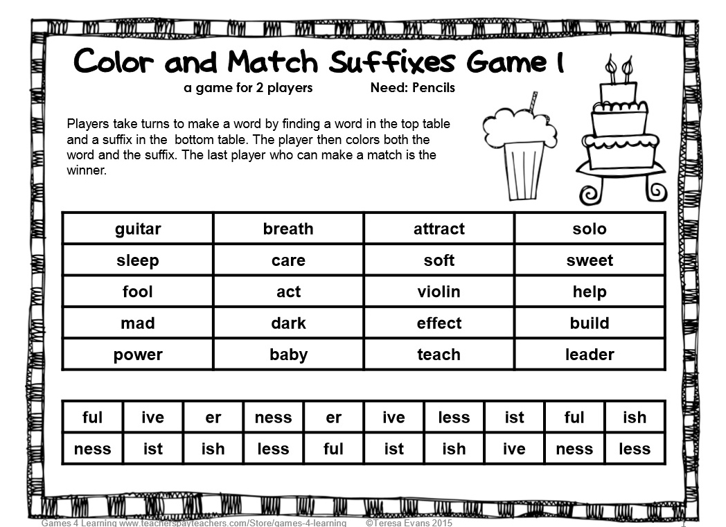 Color and Match Suffixes Game 1 - SchoolhouseTeachers.com