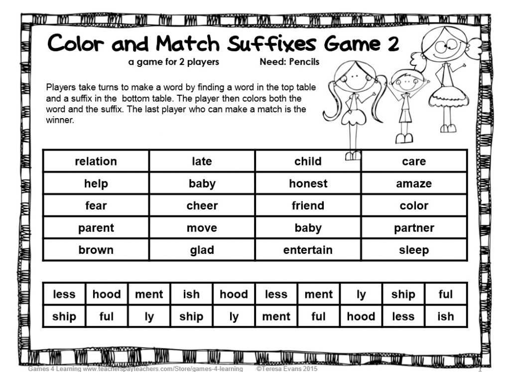 Color and Match Suffixes Game 2 - SchoolhouseTeachers.com