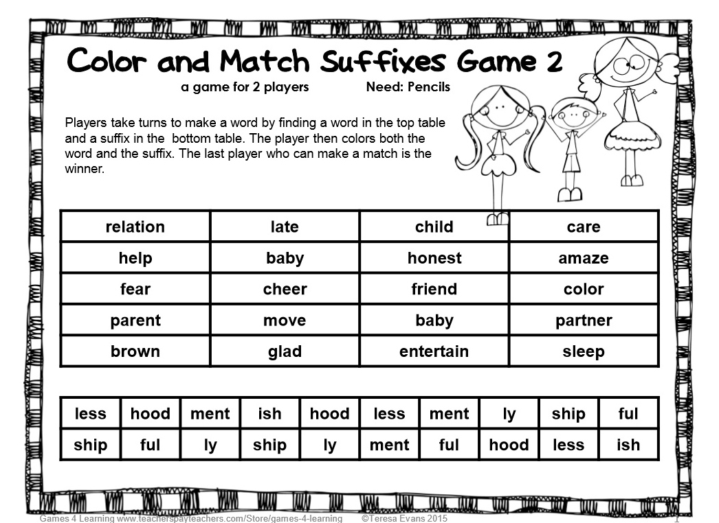 Color and Match Suffixes Game 2 - SchoolhouseTeachers.com