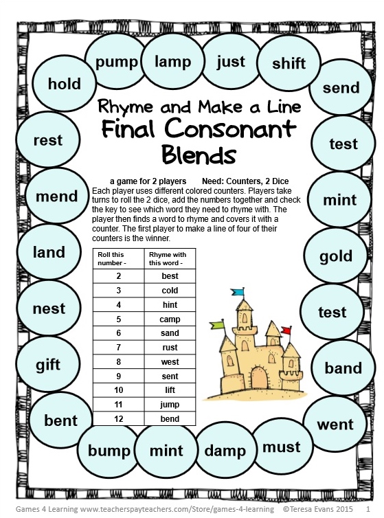 Rhyme and Make a Line Final Consonant Blends - SchoolhouseTeachers.com