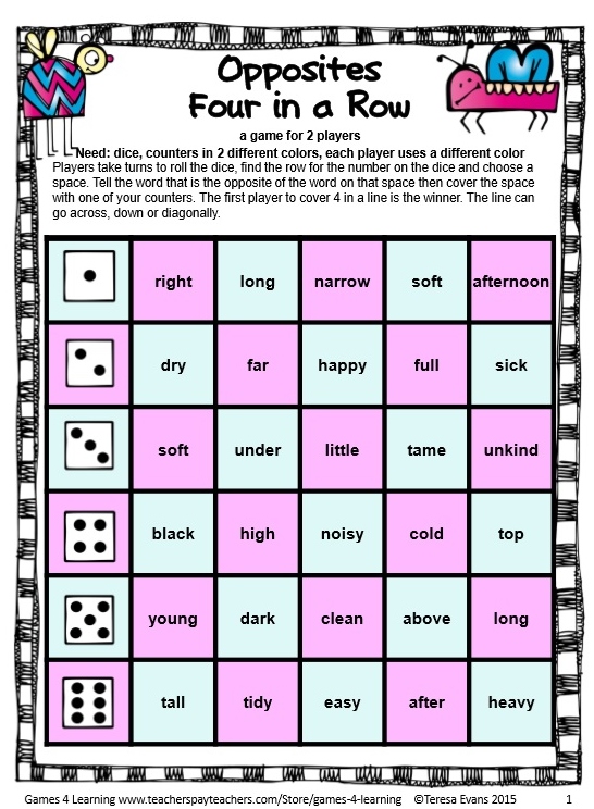 Opposites Four in a Row - SchoolhouseTeachers.com