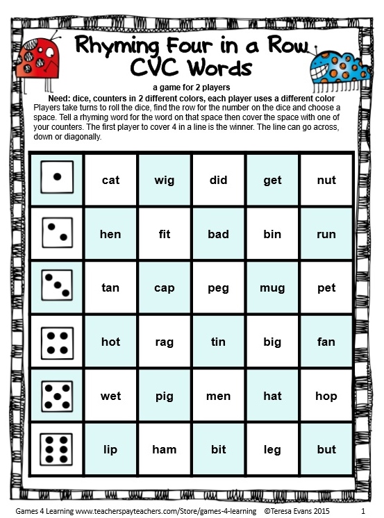 Rhyming Four in a Row CVC Words - SchoolhouseTeachers.com