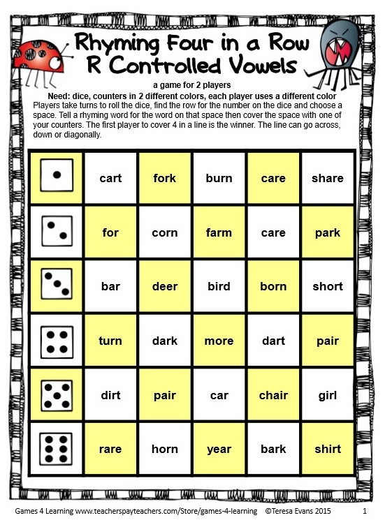 Rhyming Four in a Row R Controlled Vowels - SchoolhouseTeachers.com
