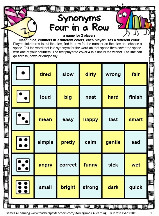 Synonyms Four in a Row - SchoolhouseTeachers.com