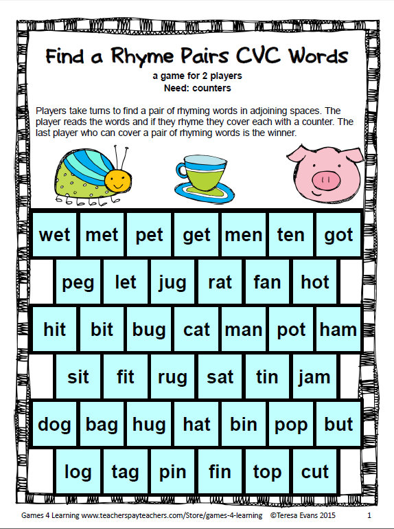 Find a Rhyme Pairs CVC Words - SchoolhouseTeachers.com