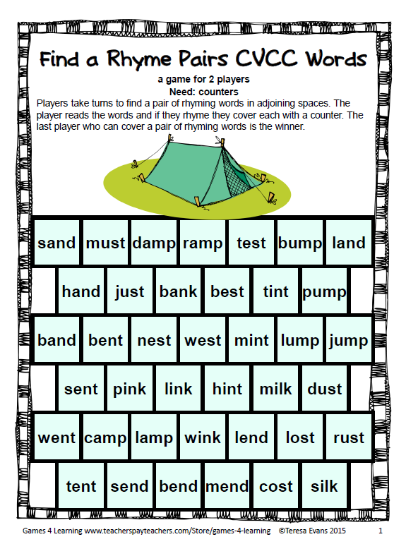 Find a Rhyme Pairs CVCC Words - SchoolhouseTeachers.com