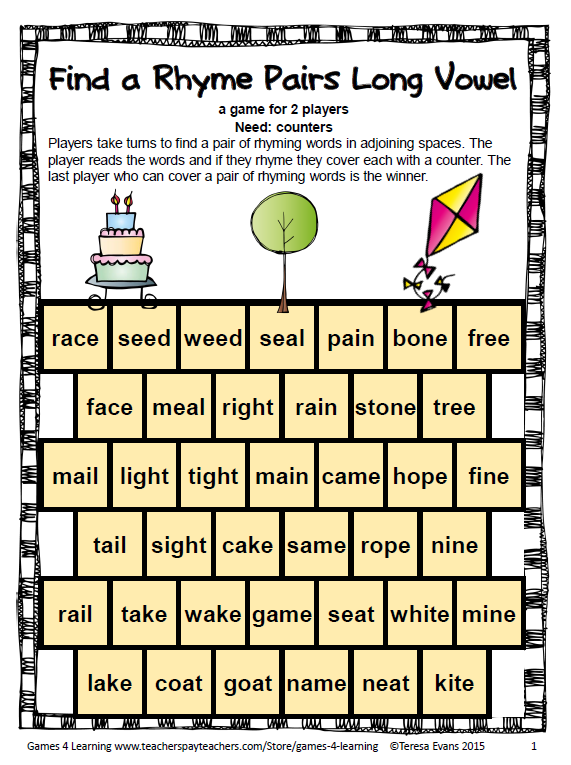 Find a Rhyme Pairs Long Vowel - SchoolhouseTeachers.com