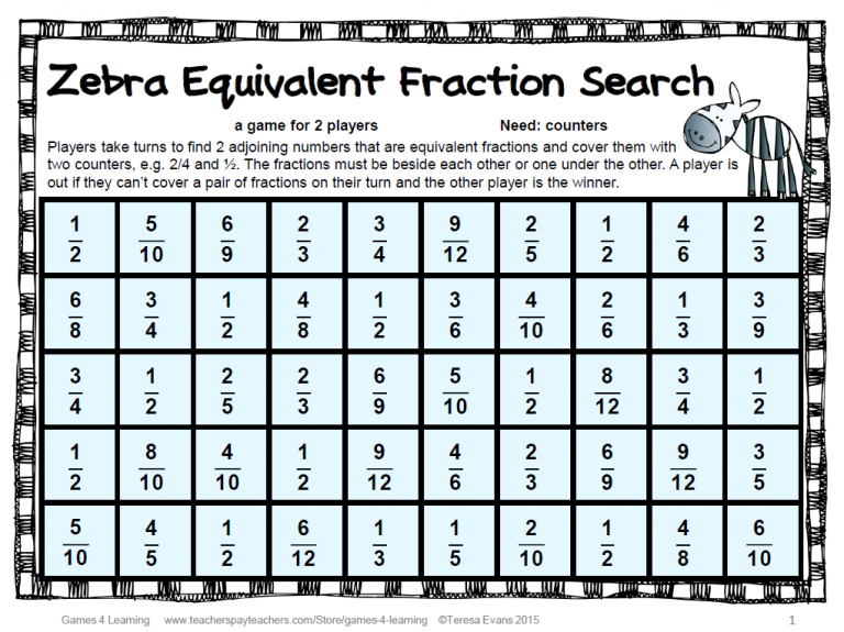 Zebra Equivalent Fraction Search - SchoolhouseTeachers.com