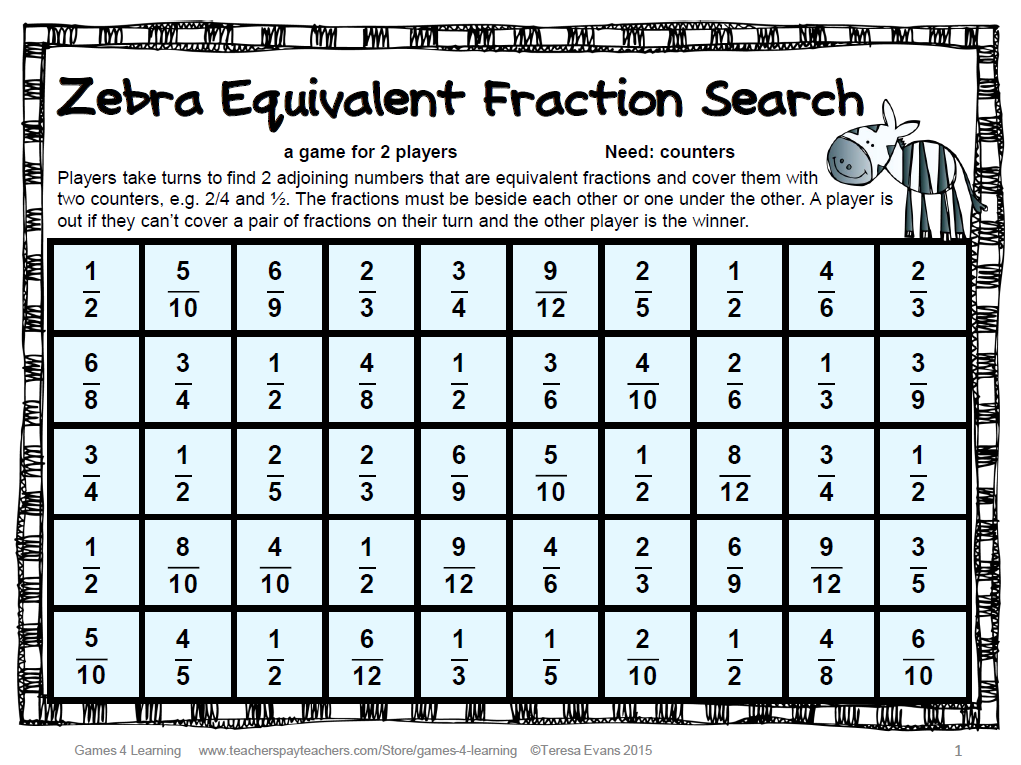 Zebra Equivalent Fraction Search - SchoolhouseTeachers.com