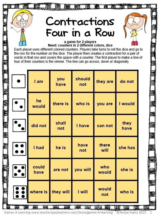 Contractions Four in a Row - SchoolhouseTeachers.com