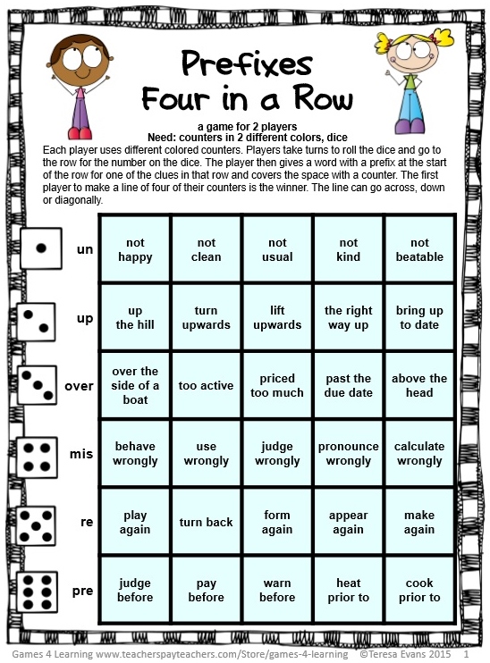 Prefixes Four in a Row - SchoolhouseTeachers.com