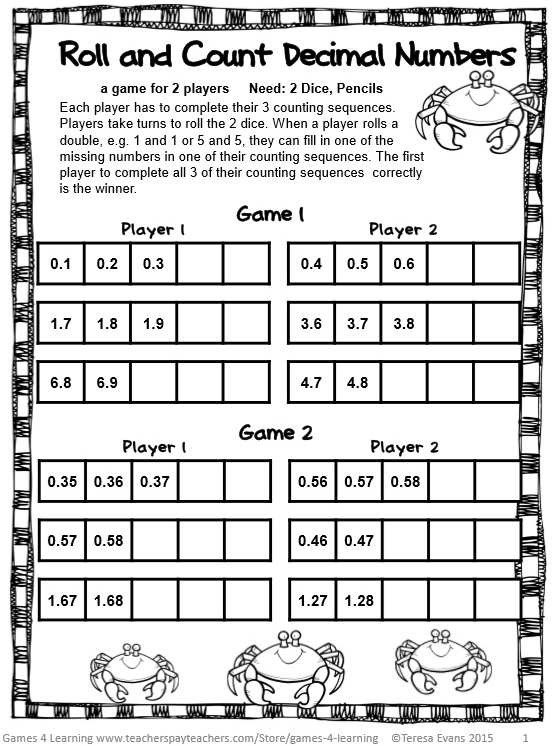 Roll n' Count Decimal Numbers - SchoolhouseTeachers.com
