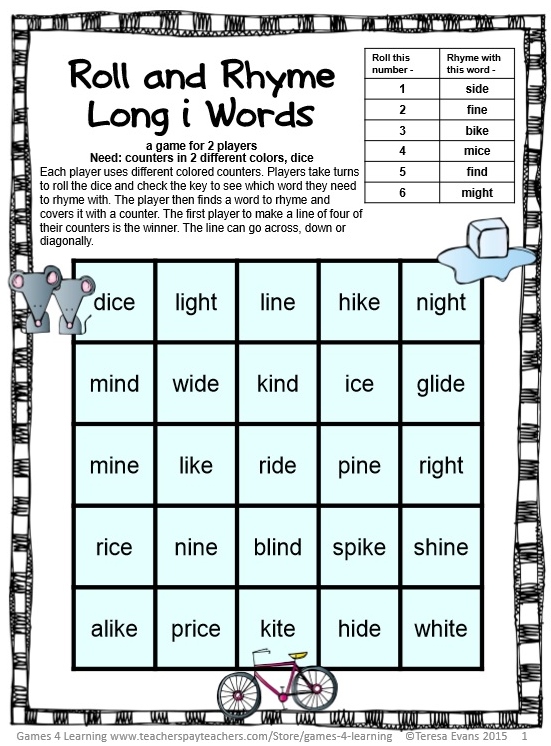 Roll and Rhyme Long i Words - SchoolhouseTeachers.com