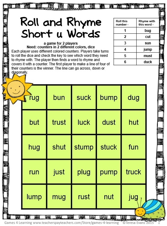 Roll and Rhyme Short u Words - SchoolhouseTeachers.com