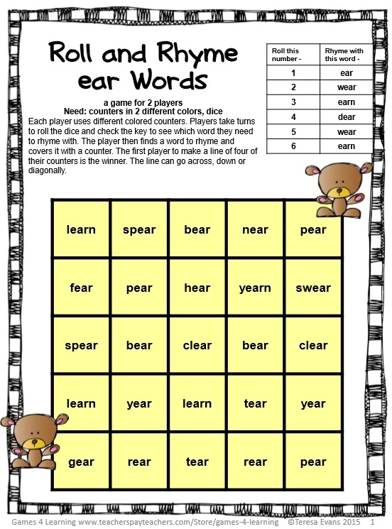 Roll and Rhyme ear Words - SchoolhouseTeachers.com