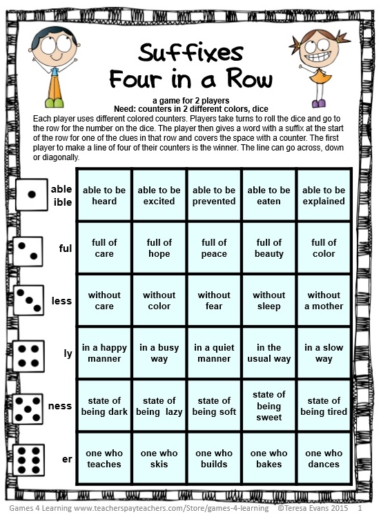 Suffixes Four in a Row - SchoolhouseTeachers.com