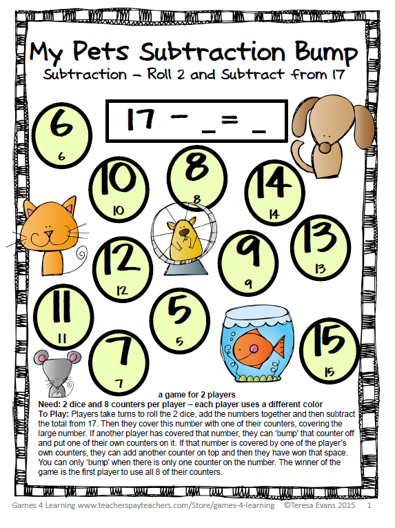 My Pets Subtraction Bump - SchoolhouseTeachers.com