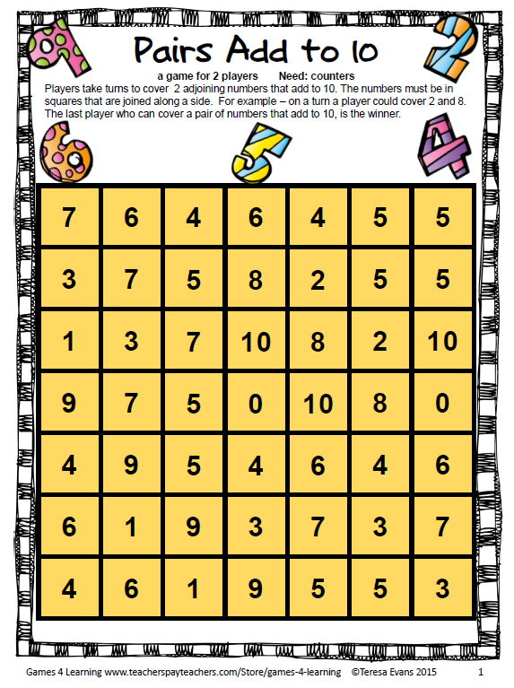 Pairs Add to 10 - SchoolhouseTeachers.com