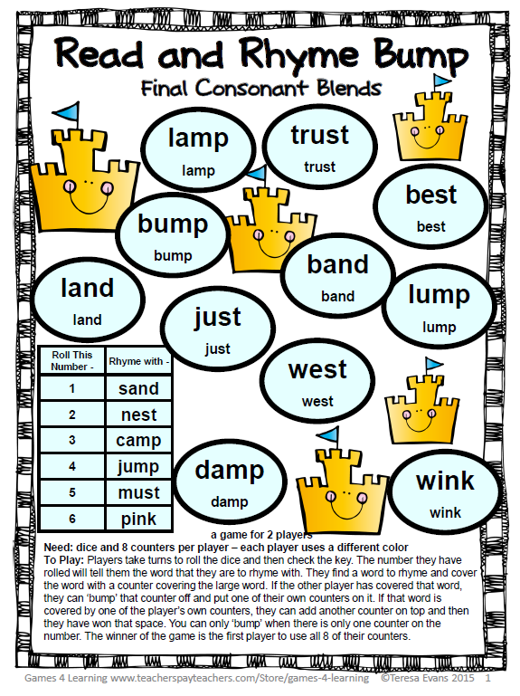 Read and Rhyme Bump Final Consonant Blends - SchoolhouseTeachers.com