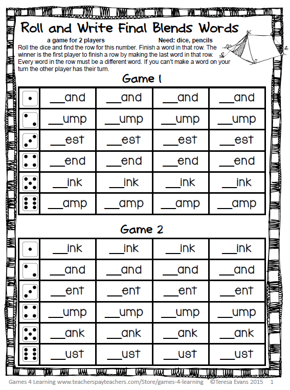 Roll and Write Final Blends Words - SchoolhouseTeachers.com