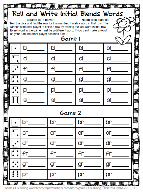 Roll and Write Initial Blends Words - SchoolhouseTeachers.com