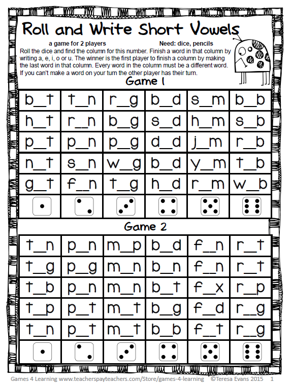 Roll and Write Short Vowels - SchoolhouseTeachers.com