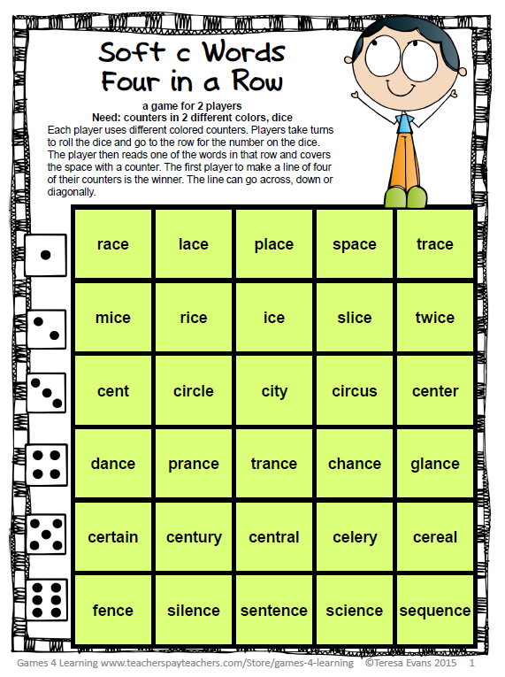 Soft c Words Four in a Row - SchoolhouseTeachers.com