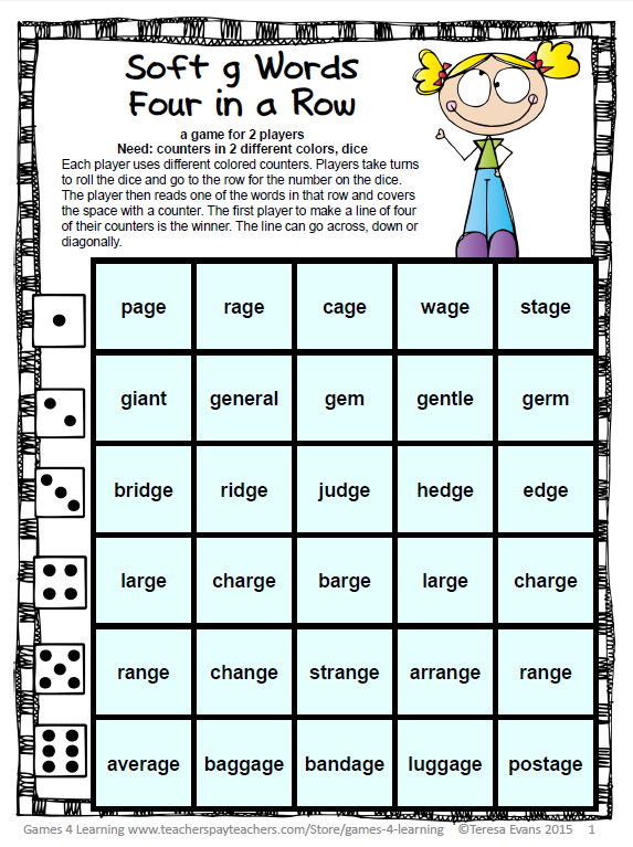 Soft g Words Four in a Row - SchoolhouseTeachers.com