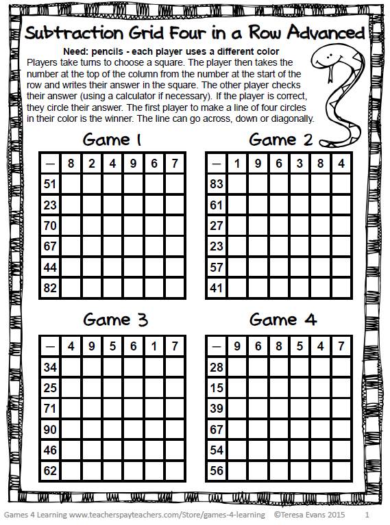 Subtraction Grid Four in a Row Advanced - SchoolhouseTeachers.com