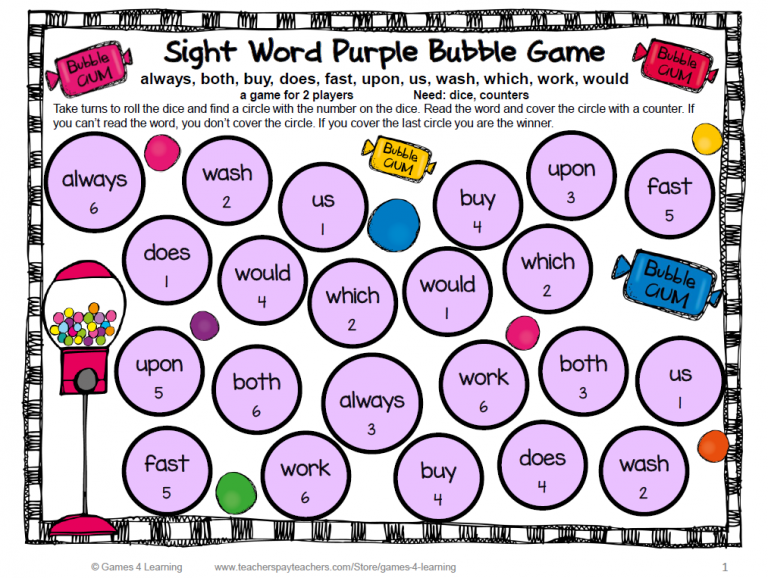 Sight Words Purple Bubble Game - SchoolhouseTeachers.com