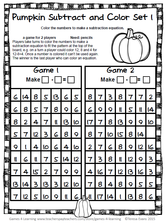 Pumpkin Subtract and Color Set 1 - SchoolhouseTeachers.com