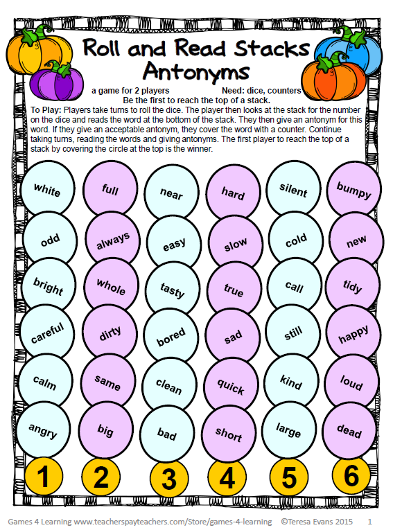 Roll and Read Stacks Antonyms - SchoolhouseTeachers.com