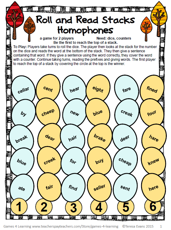 Roll and Read Stacks Homophones - SchoolhouseTeachers.com