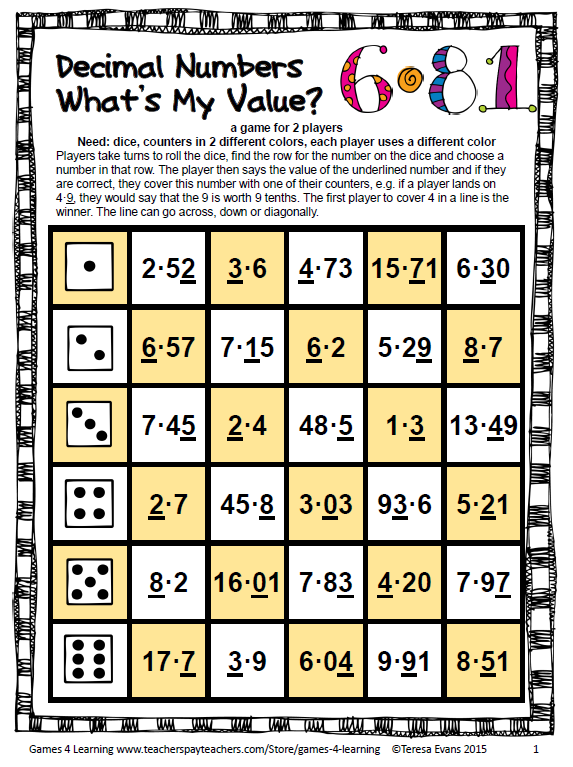 Decimal Numbers What's My Value - SchoolhouseTeachers.com