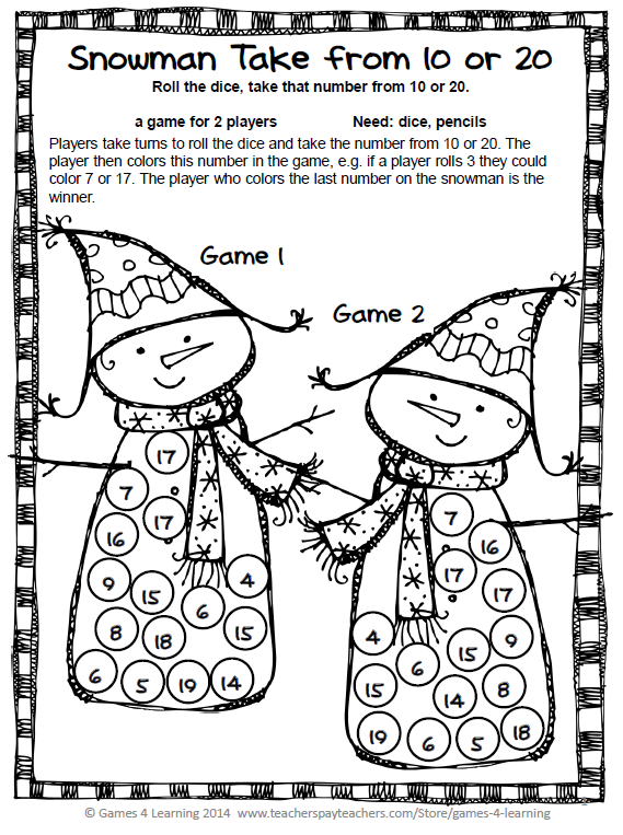 Snowman Take from 10 or 20 - SchoolhouseTeachers.com