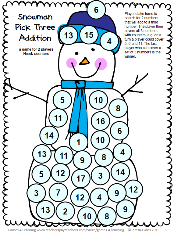 Snowman Pick Three Addition - SchoolhouseTeachers.com