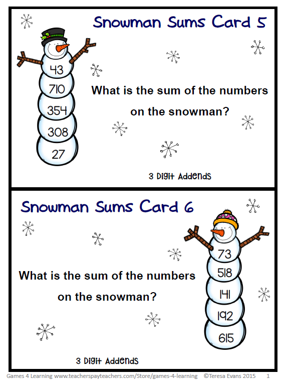 Snowman Sums Challenge Three Digit Numbers - SchoolhouseTeachers.com