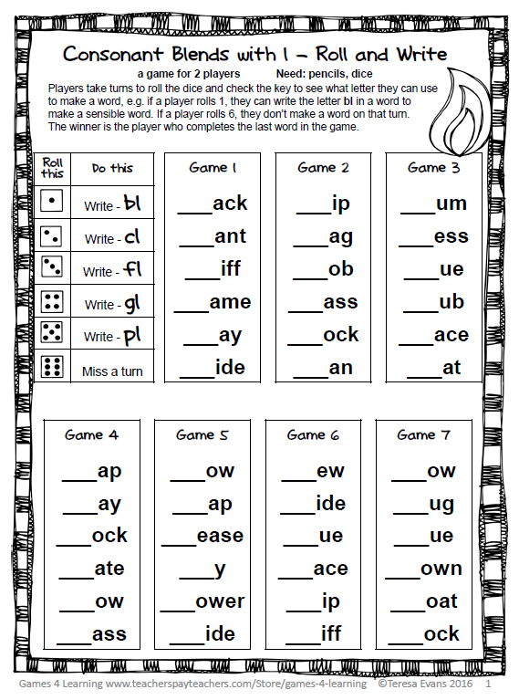 Consonant Blends with l - Roll and Write - SchoolhouseTeachers.com