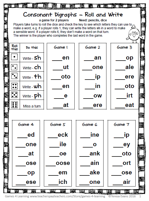 Consonant Digraphs - Roll and Write - SchoolhouseTeachers.com