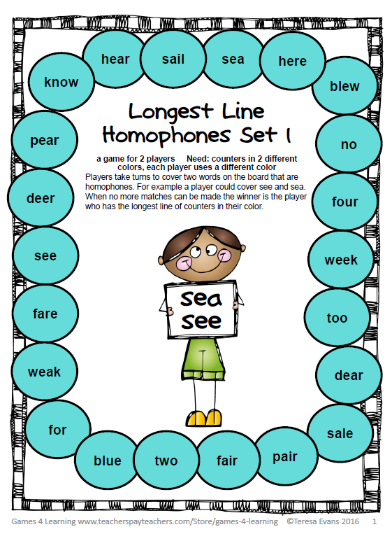 Longest Line Homophones Set 1 - SchoolhouseTeachers.com