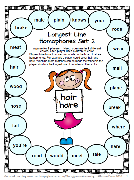 Longest Line Homophones Set 2 - SchoolhouseTeachers.com