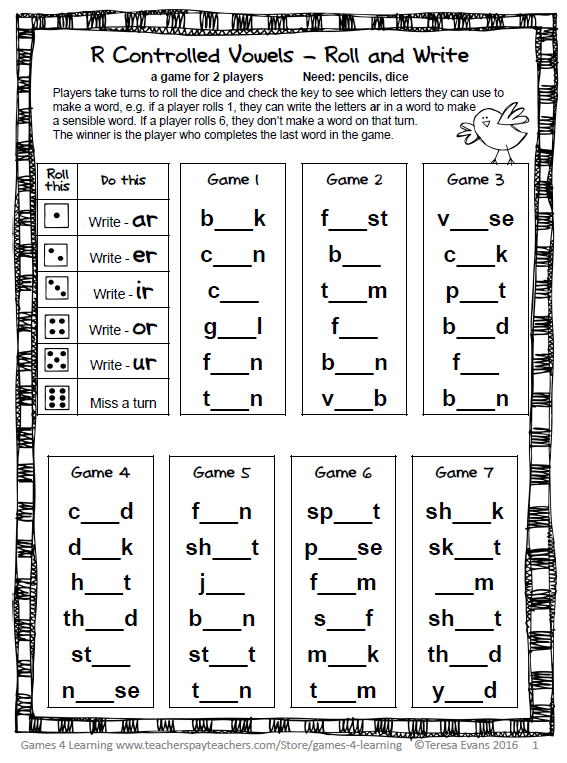 R Controlled Vowels - Roll and Write - SchoolhouseTeachers.com