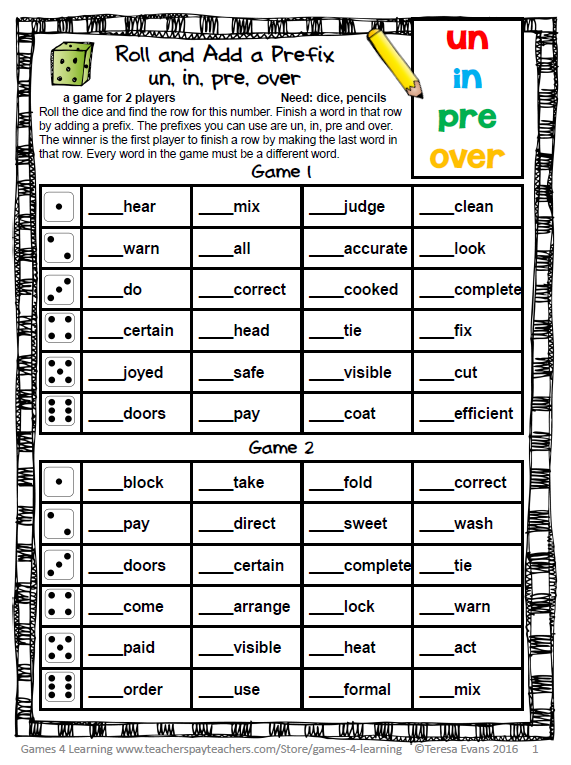 Roll and Add a Prefix un, in, pre, over - SchoolhouseTeachers.com
