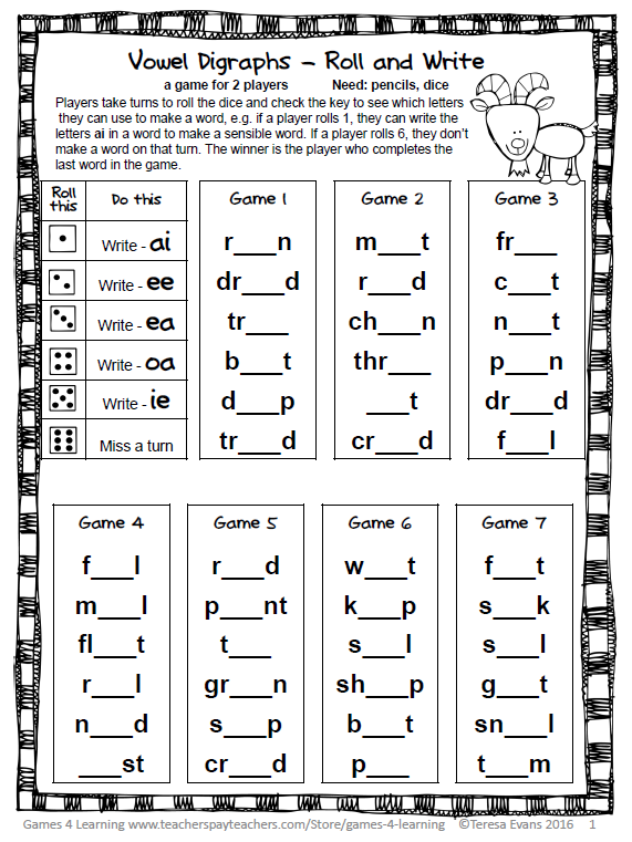 Vowel Digraphs - Roll and Write - SchoolhouseTeachers.com