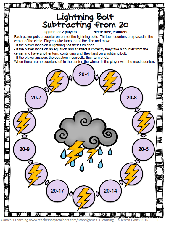 Lightning Bolt Subtracting from 20 - SchoolhouseTeachers.com