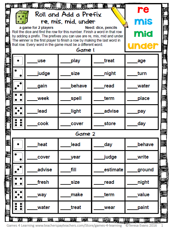 Roll and Add a Prefix re, mis, mid, under - SchoolhouseTeachers.com
