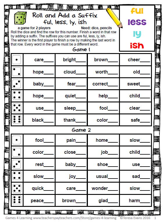 Roll and Add a Suffix ful, less, ly, ish - SchoolhouseTeachers.com