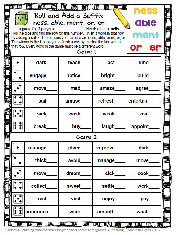 Roll and Add a Suffix ness, able, ment, or, er - SchoolhouseTeachers.com