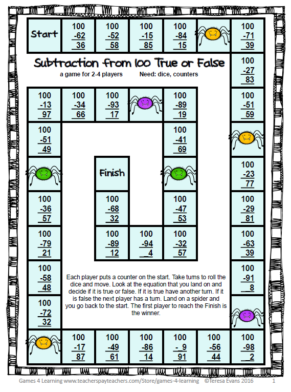 Subtraction from 100 True or False - SchoolhouseTeachers.com